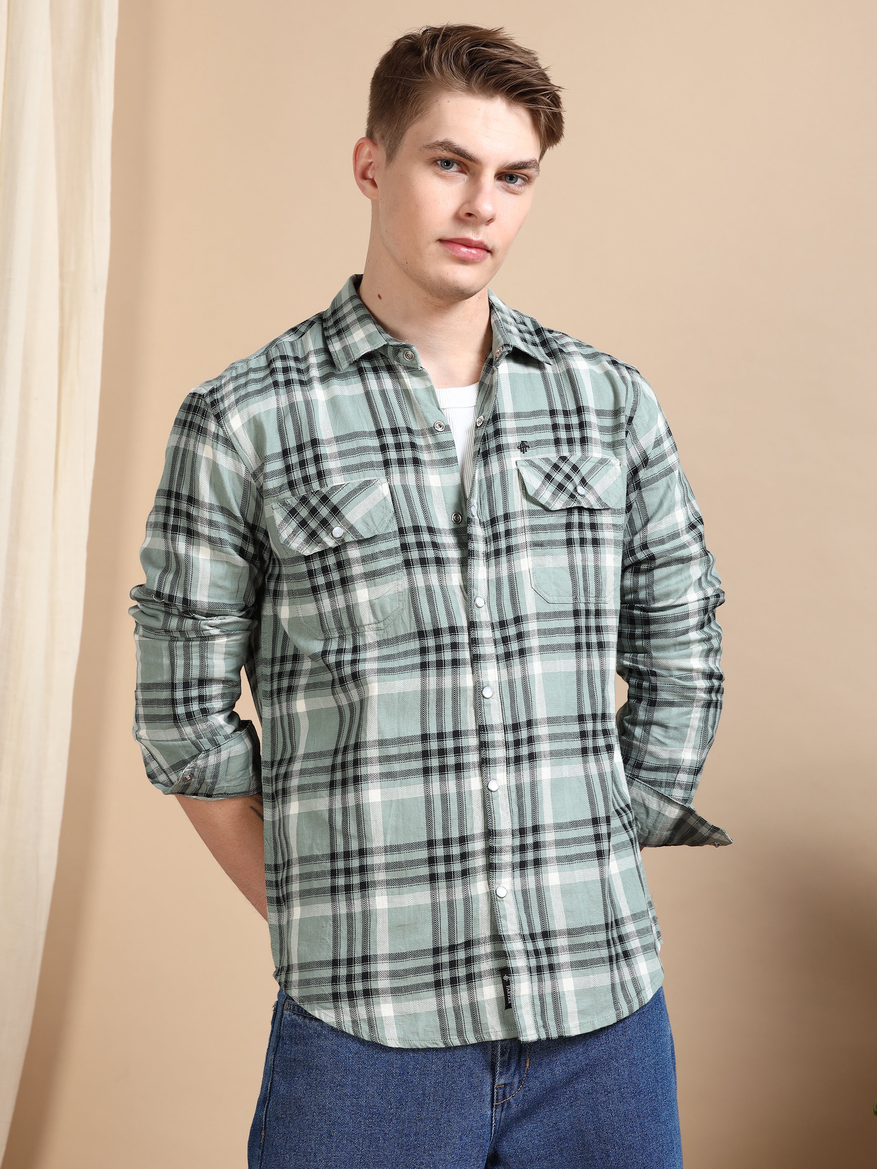 Shop Imported Dobby Green Check Print Shirt Men Online